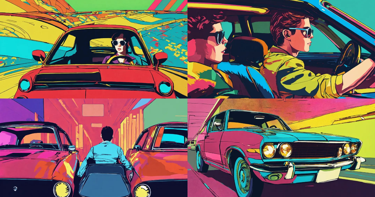 Lexica - Person driving a car, pop art style, car driving towards camera