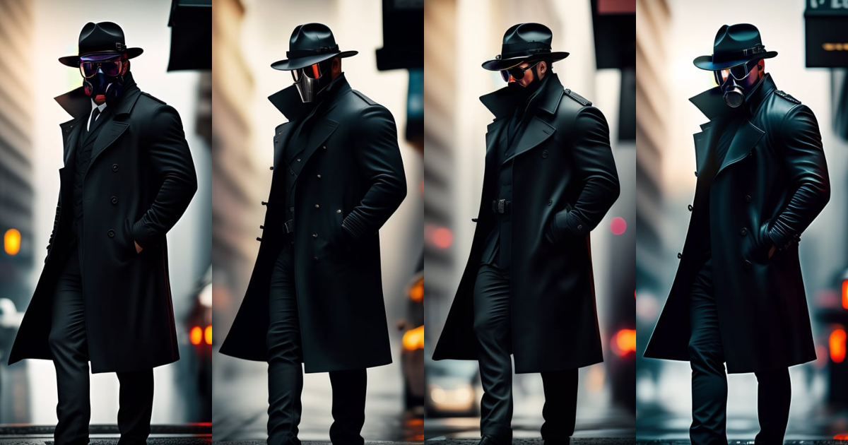 Lexica - Detective, fedora hat, black trenchcoat, gasmask, sunglasses ...