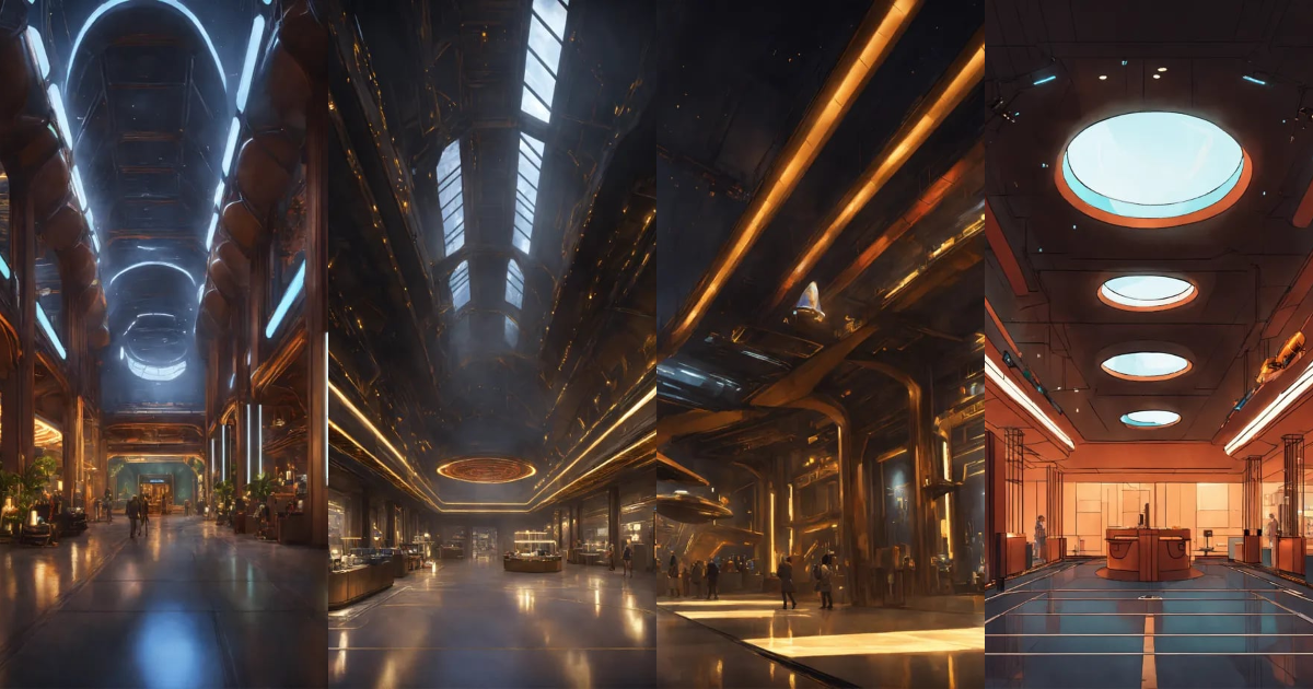 Lexica - Large spaceship lobby, modern design, classic artifact decor ...