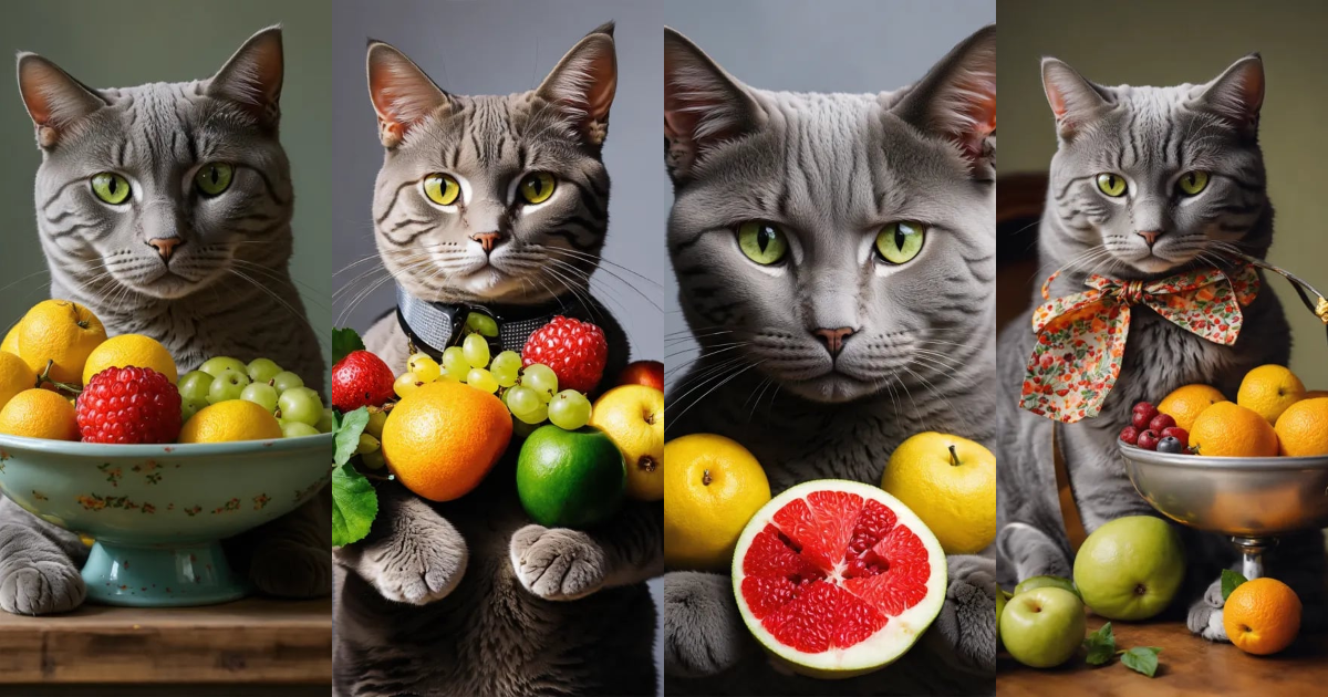Lexica - A cat cut grey cat holding a bracket full with fruits