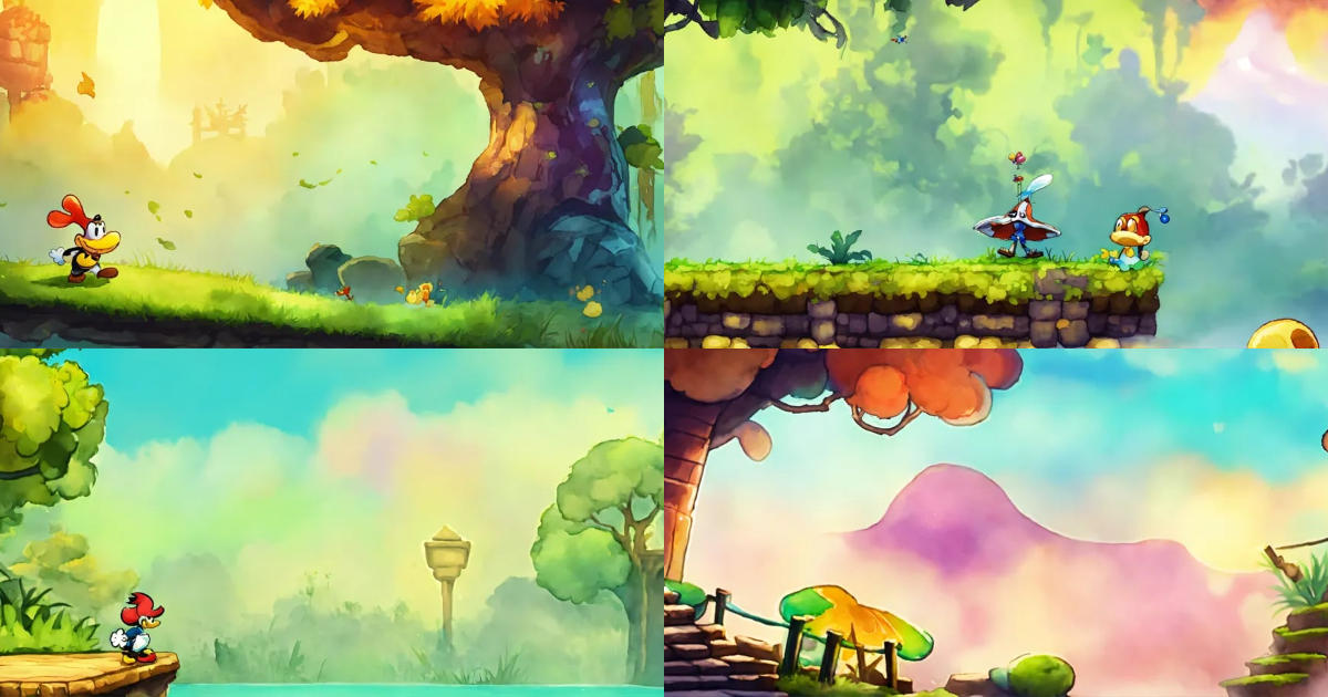 Lexica - 2d Rayman-style platform game with traditional watercolor ...