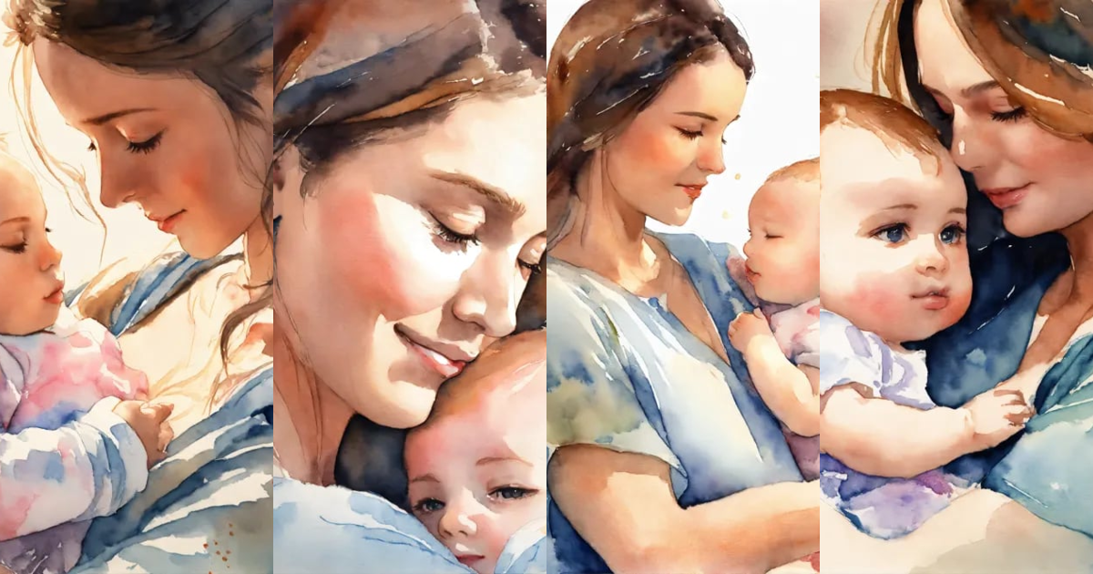Lexica - Mom holds the baby in her arms, very realistic, watercolor ...