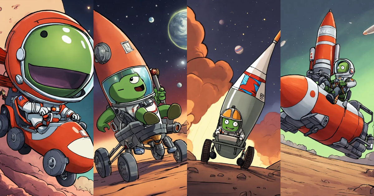 Lexica - A cartoon of a kerbal riding on the outside of his rocket as ...
