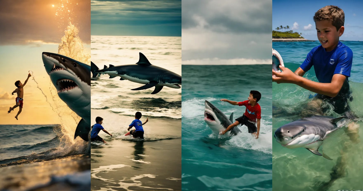 Lexica - I photo of an 11 year old boy escaping from a shark with a ...