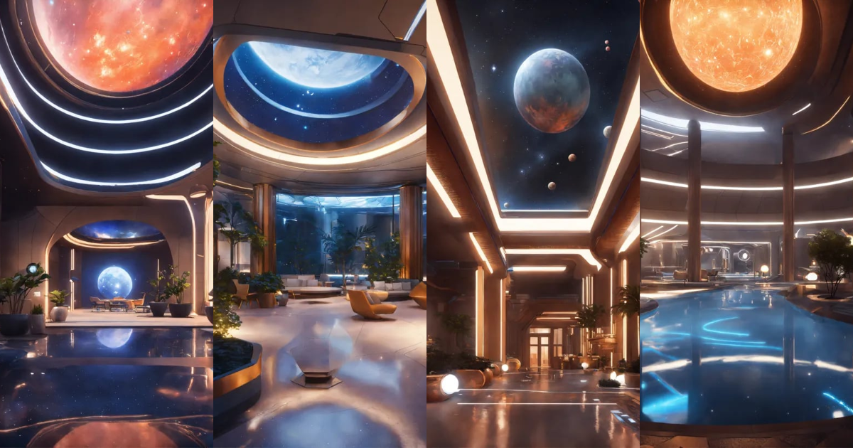 Lexica - Space port hotel courtyard cosmic atrium in deep space, cosmic ...