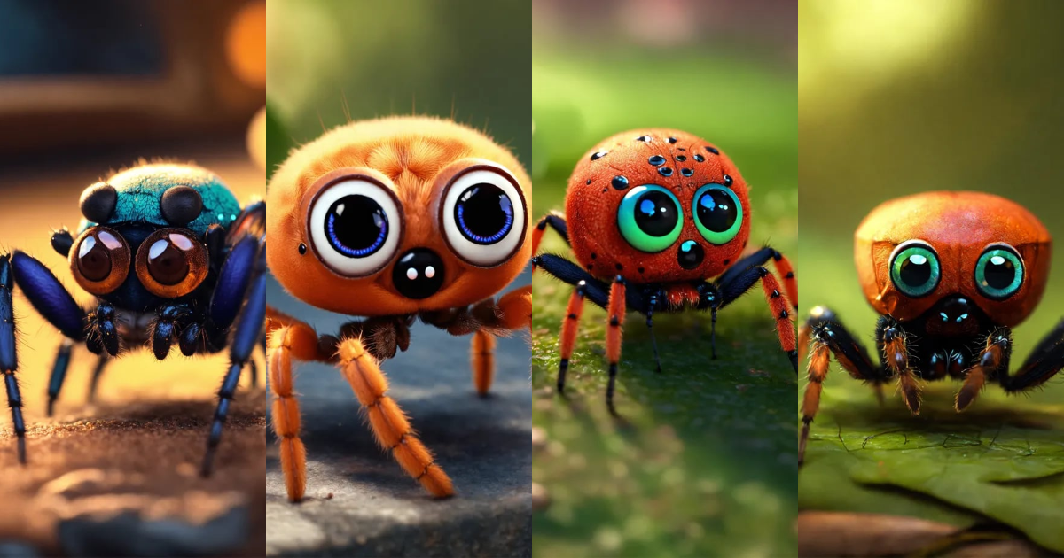 Lexica - A cute baby spider with big eyes, animated, cartoon, unreal.