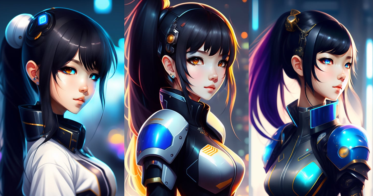 Lexica - Black and blue mecha, 11-year-old girl, elf ears, black hair ...