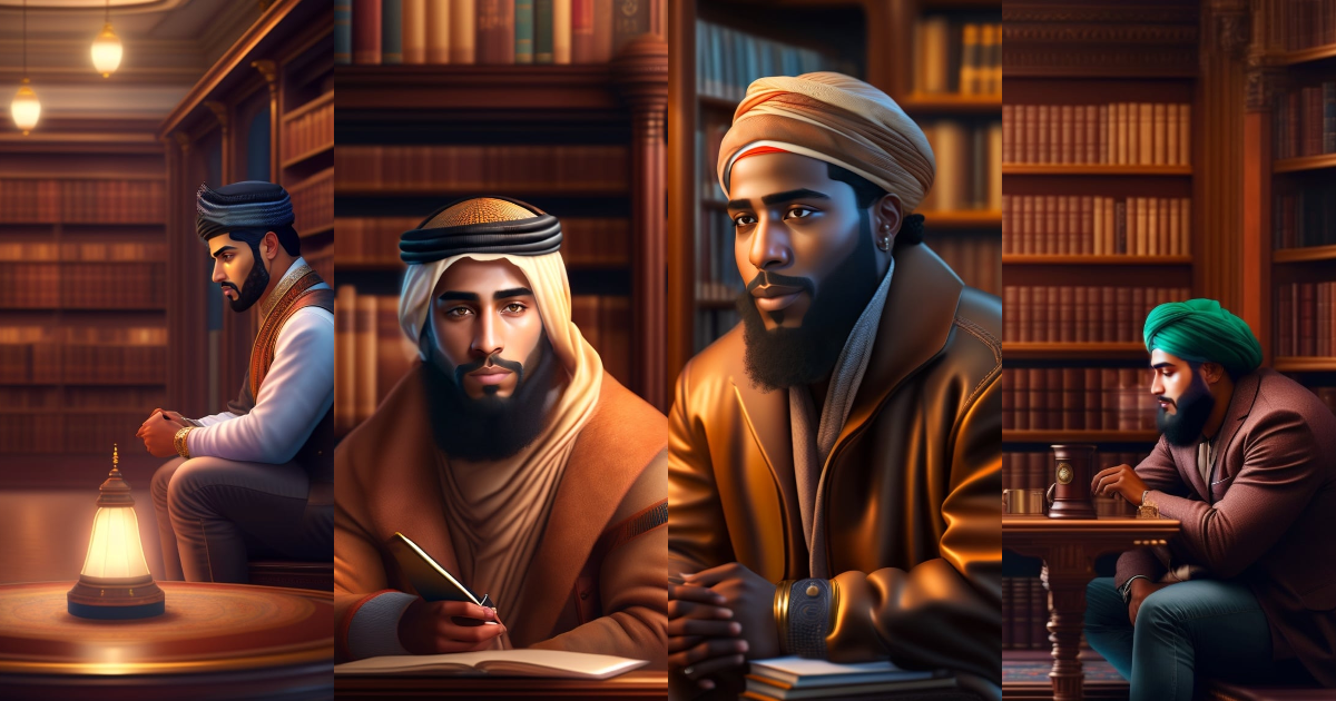 Lexica - I want pictures of the man sitting in a library, an Arab man ...