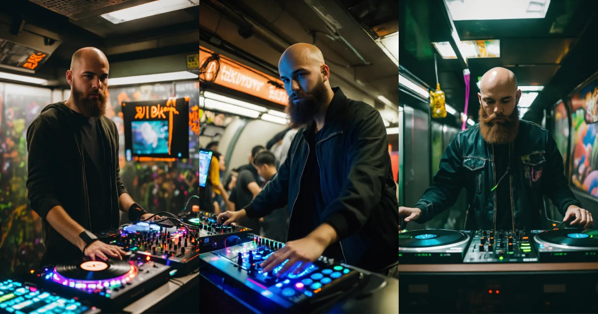 Lexica - A young bald man with beard halloween. dj behind the dj booth ...