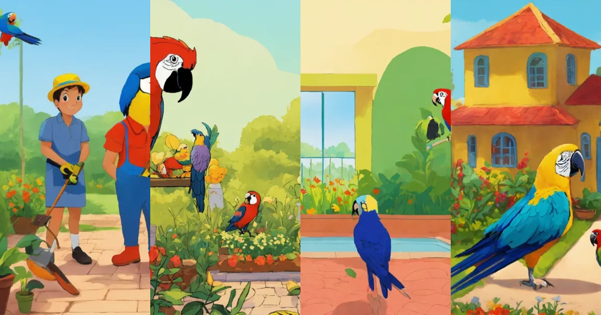 Lexica - Garden with parrots and a gardener, style of Donald Bluth ...