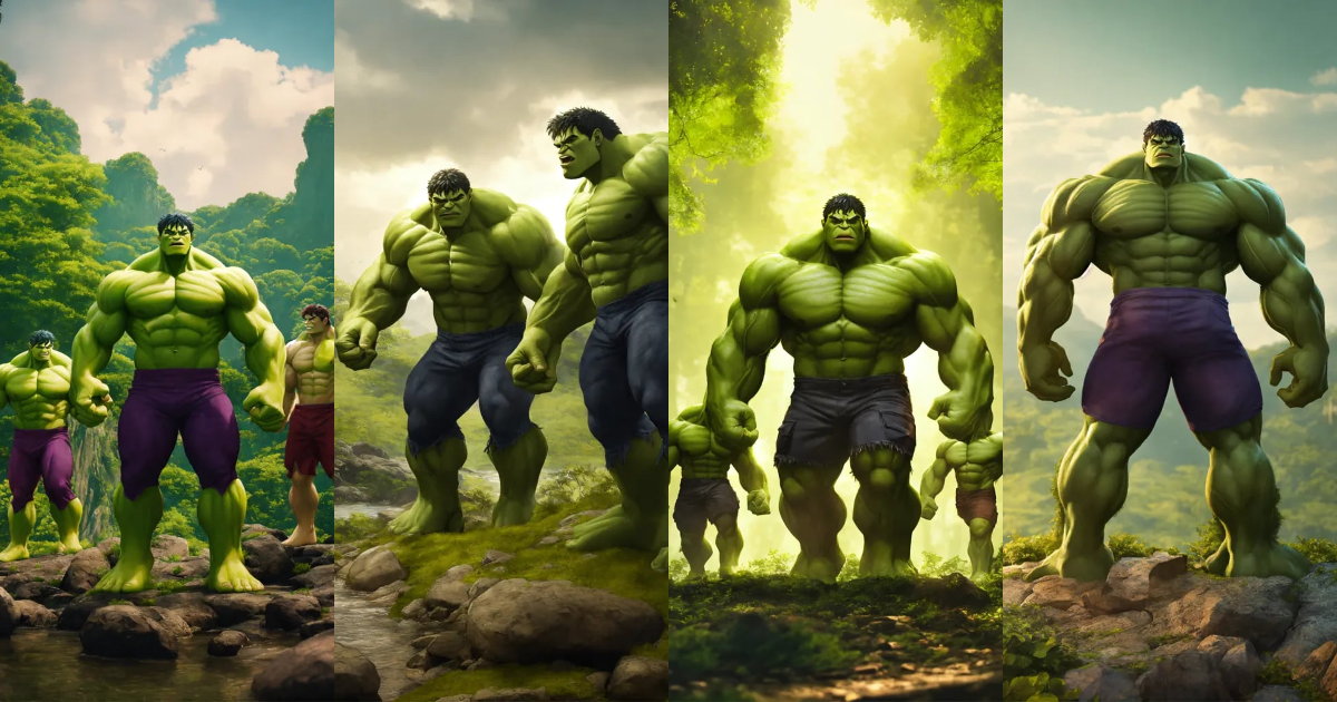 Lexica - 3 Hulk standing together, nature background, 2D render