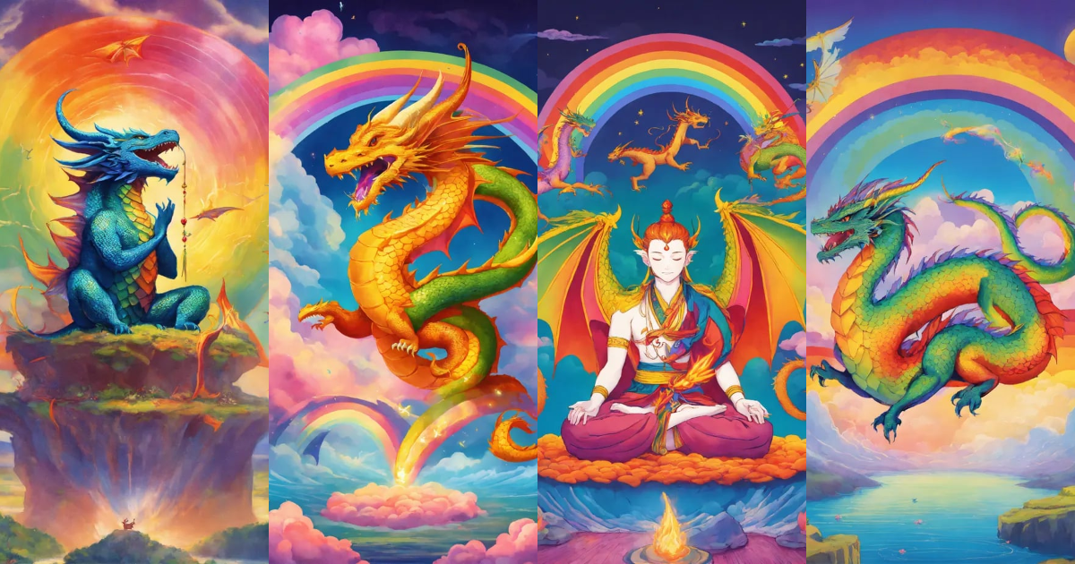 Lexica - Illustration of a dragon Meditating, spirits flying around rainbow