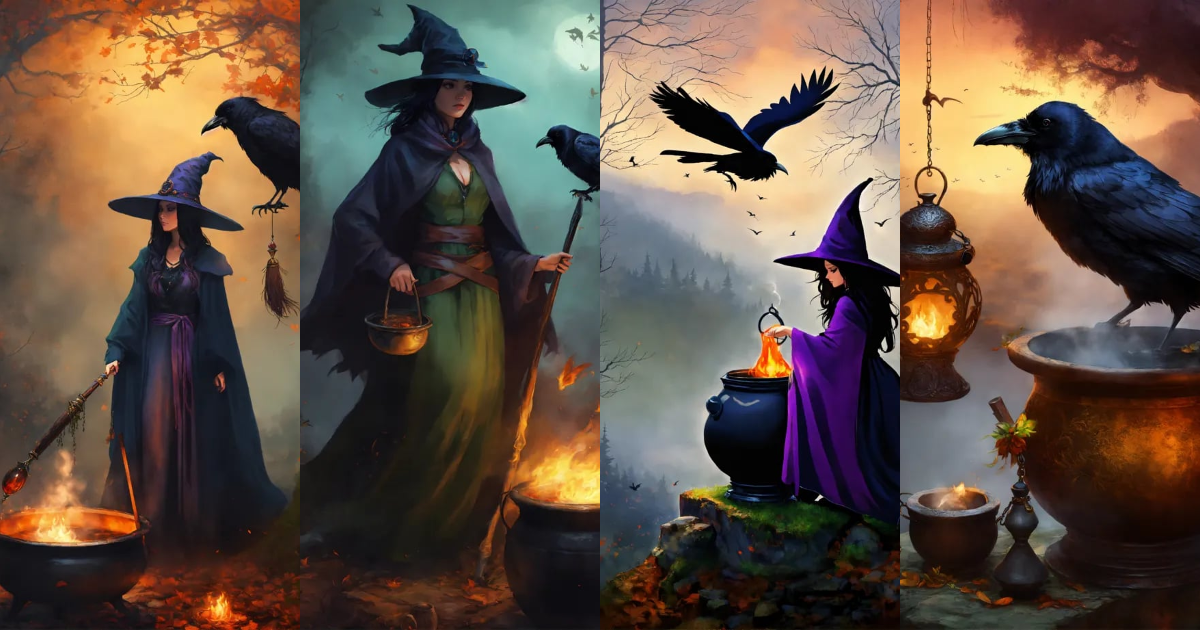 Lexica - Witch, raven, cauldron, mysterious and misty setting, tome of ...