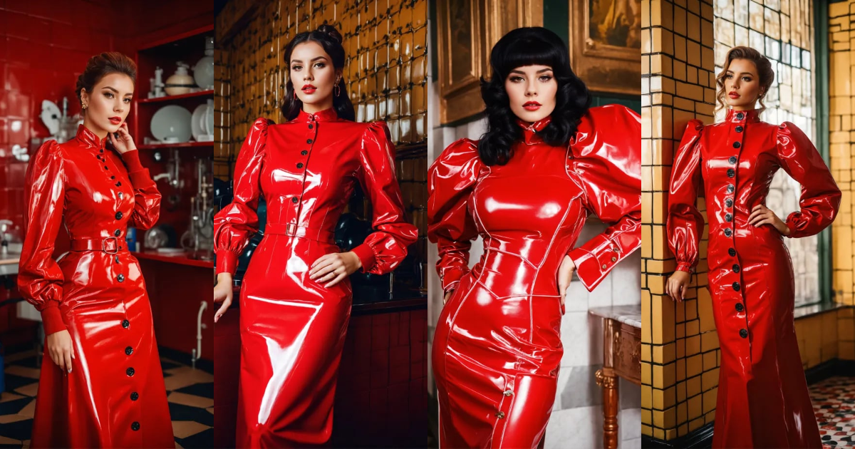 Lexica - Stunning european woman in red pvc governess dress wit buttons ...