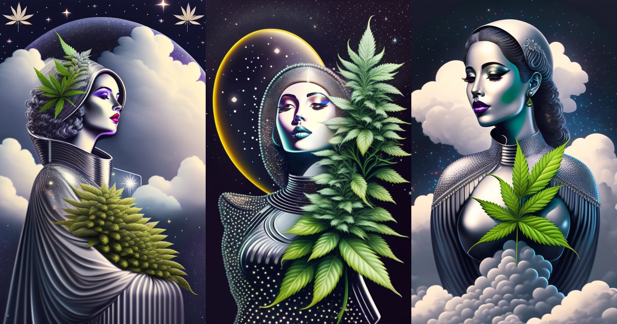 Lexica - Weed goddess in a silver spacesuit in heaven wrapped in a tall ...