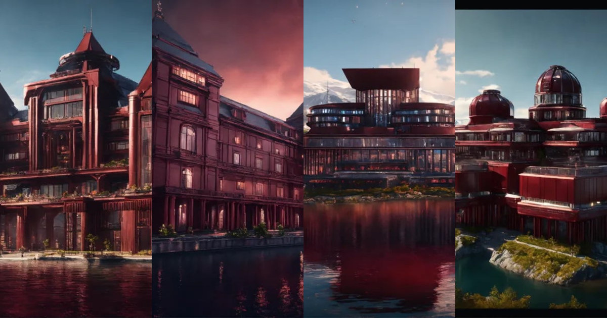 Lexica - Full image of a massive maroon Norwegian sci fi palace overlooking a Fjord, Norwegian ...