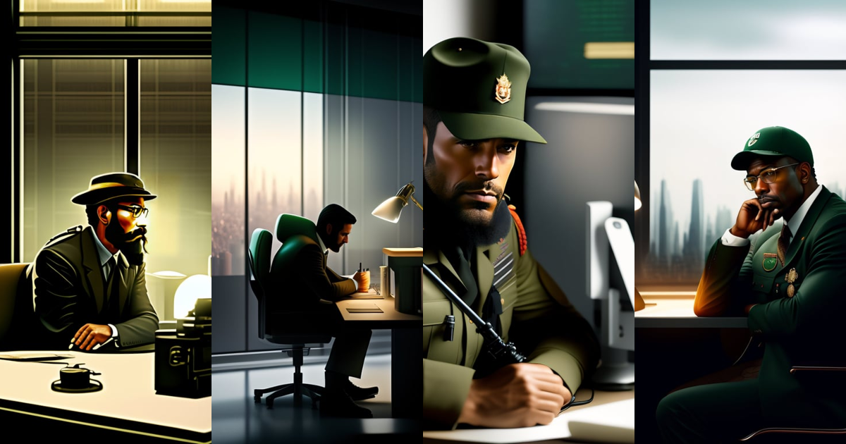 Lexica - A sniper, seated at a desk with a sly and sneaky expression on ...