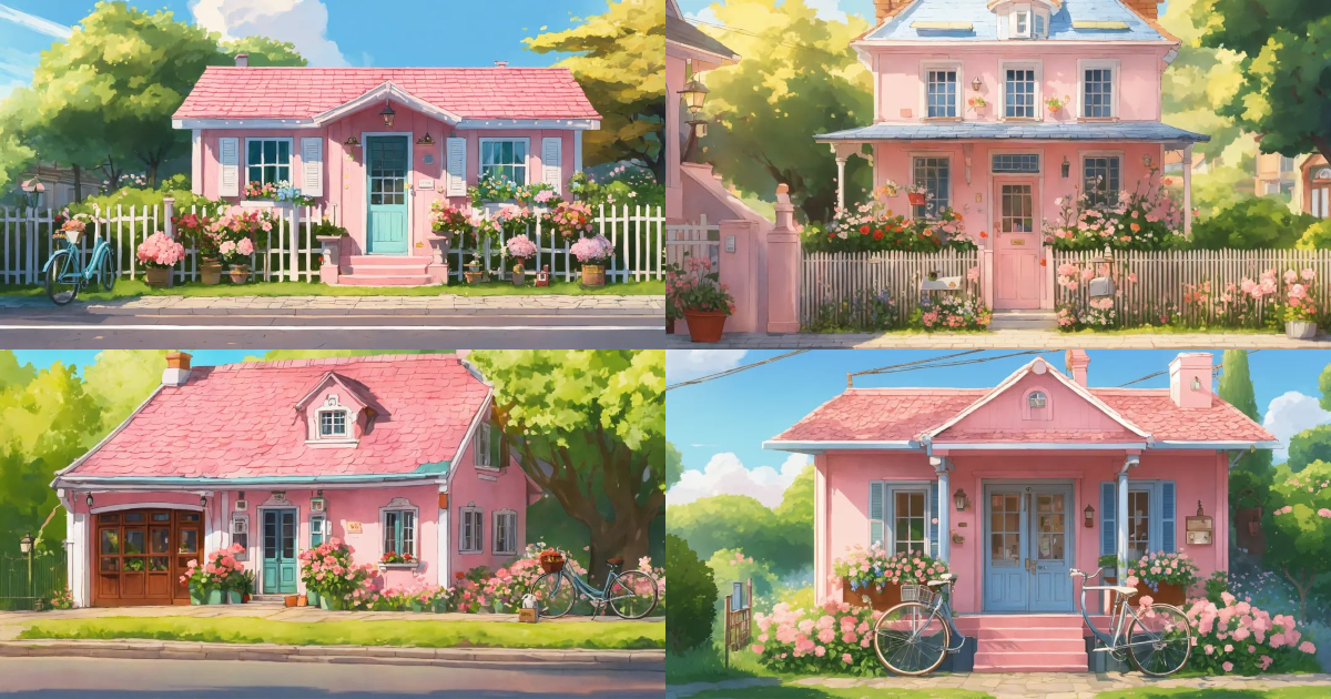 Lexica - Front view of the facade of a small light pink house in the ...