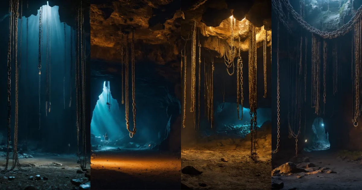 Lexica - A scary dark, deep cave with many chains hanging from above.