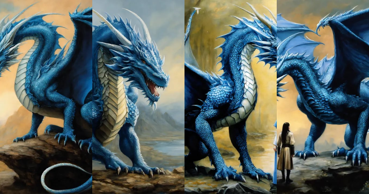 Lexica - Painting of a magnificent blue dragon with a 12 year old ...