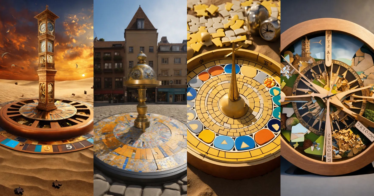 Lexica - Sundial or sand timer or clock, cornucopeia, puzzle pieces, cobble street made of ...
