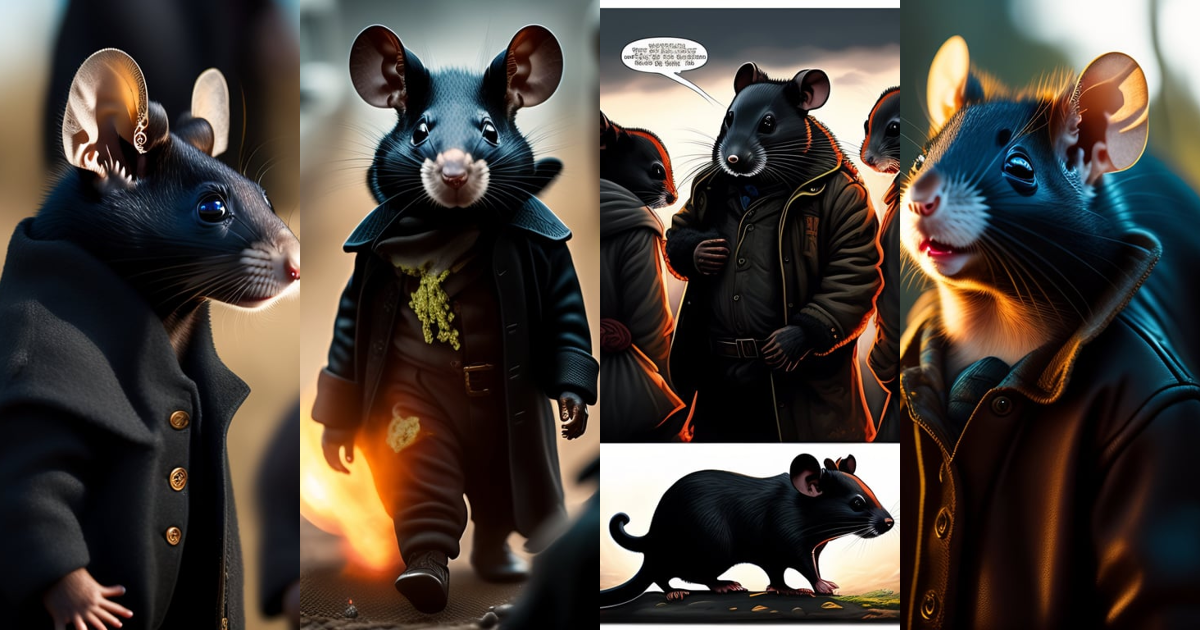 Lexica - A clothed black rat in a zombie apocalypse