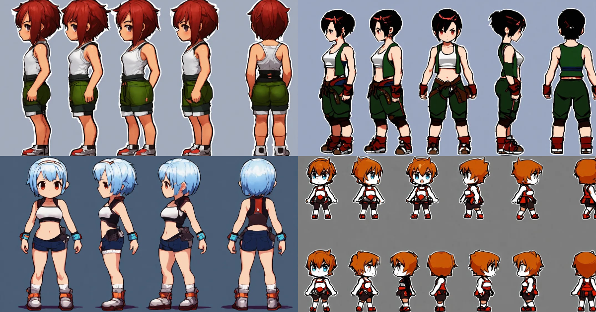 Lexica - Game assets, sprite sheet, girl, short hair, tank top, shorts ...