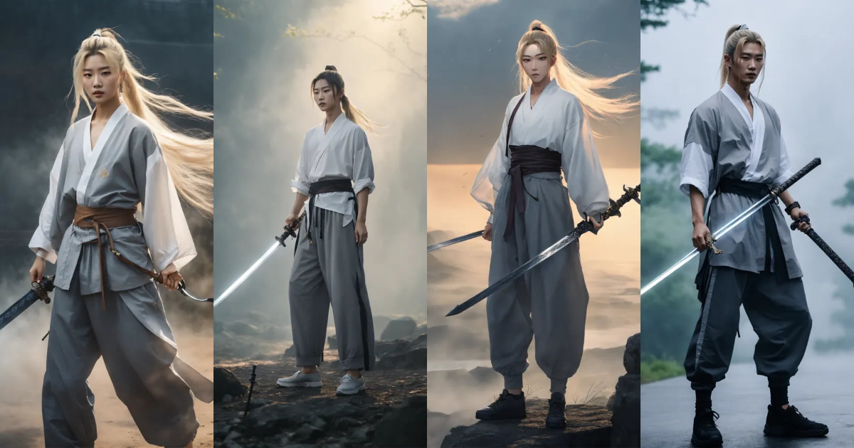 Lexica - Hwang Hyunjin carrying a shadow sword through the mist ...