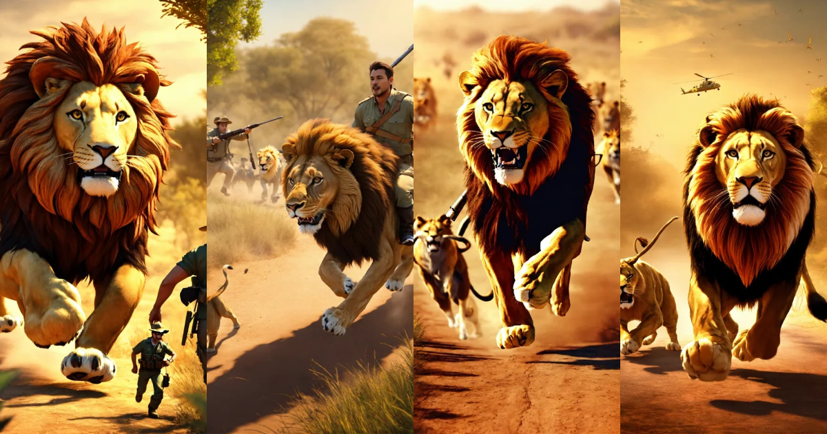 Lexica - 3d cartoon lion chasing men hunters