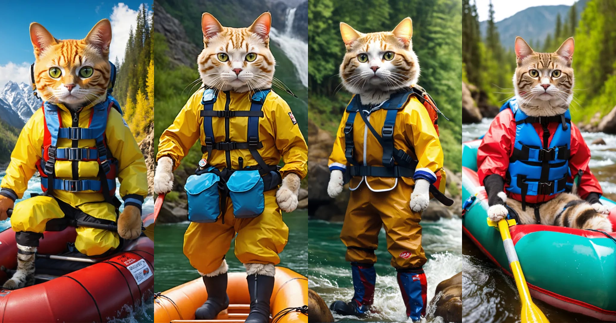 Lexica - Generate a picture of a cat as a white-water rafting guide ...