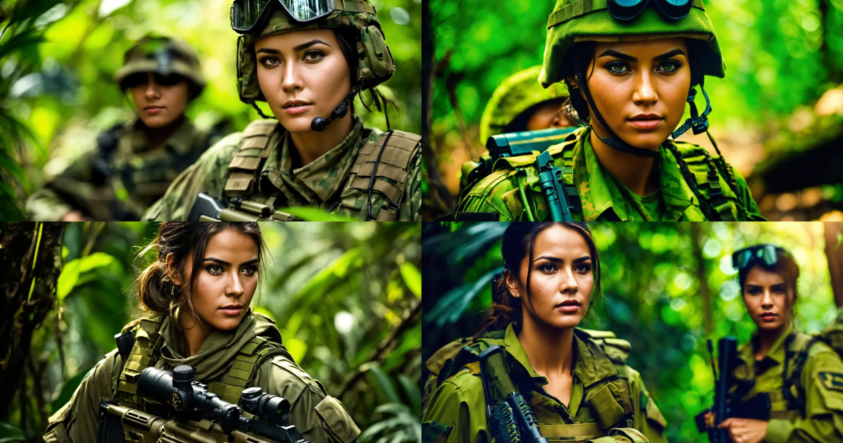 Lexica - Female commandos in jungle, perfect face, full camouflage, HDR ...