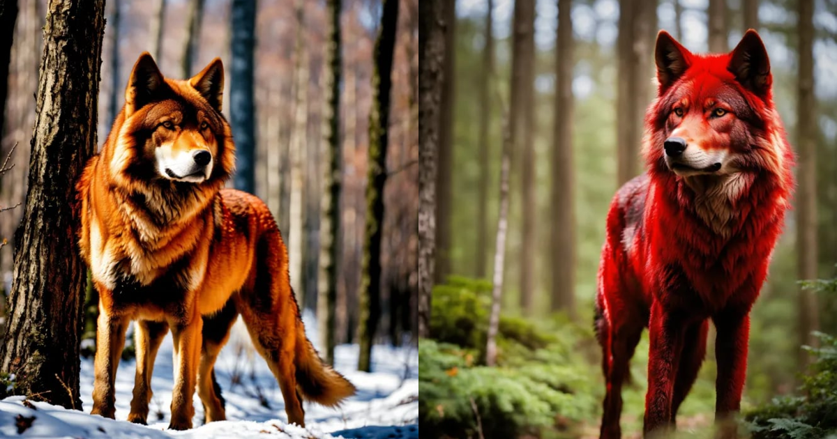 Lexica - Massive Red fur wolf, in the woods