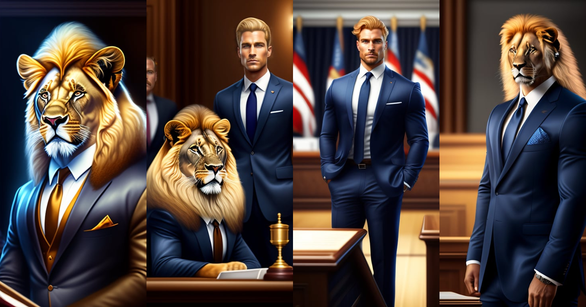 Lexica - Award-winning photo of a lion lawyer standing in court, navy ...