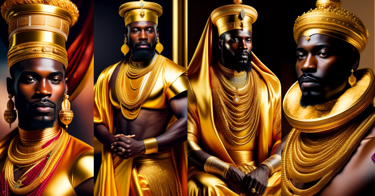Lexica - A hyperrealistic portrait of Mansa Musa in gold dresses and ...