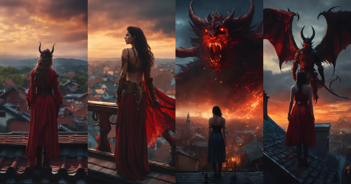 Lexica - Beautiful girl standing on the roof of a house holding the ...