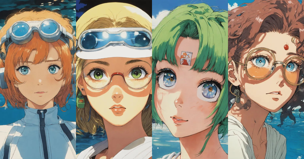 Lexica - 1990s anime sci-fi kooky female, full detailed eyes, swimming ...