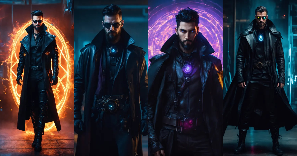 Lexica - Full body, evil Caucasian male cyberpunk wizard, black coat ...