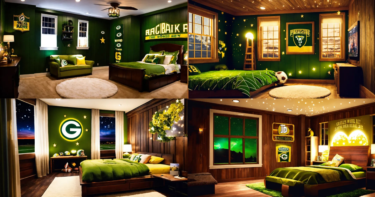 Lexica - Green bay packer theme bedroom, fluffy rug, dark wood, night ...