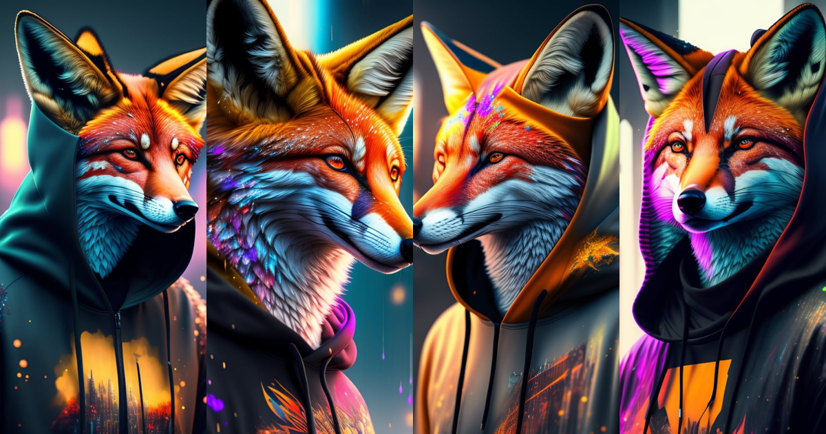 Lexica - "Shot of a glorious cyberpunk fox wearing a hoodie ...