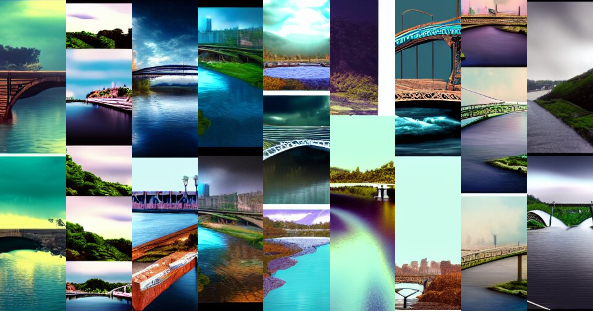Lexica - A collage of photos of a river and a bridge, a detailed matte ...