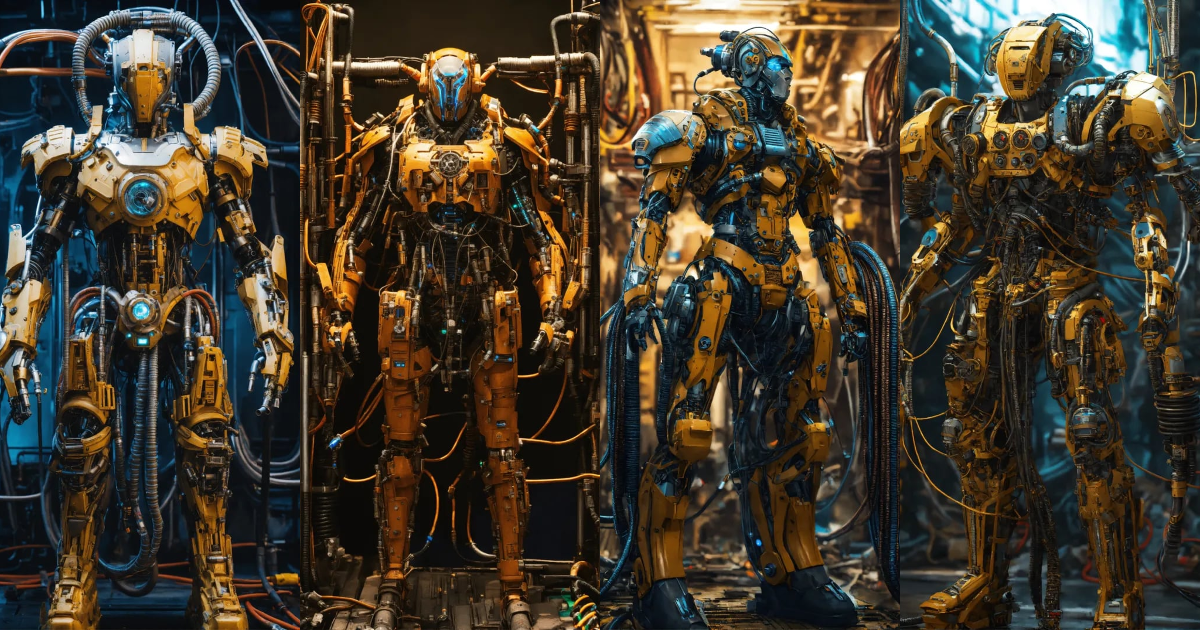 Lexica - Cybernetic mechanical warrior with many hoses and cables.