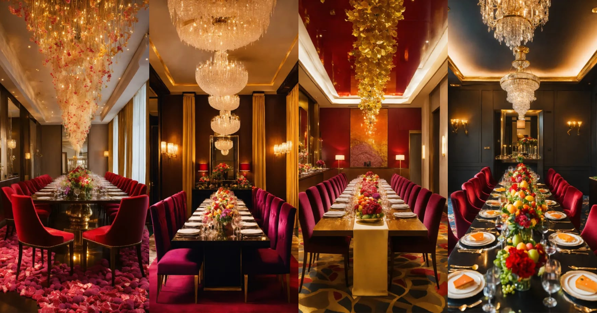Lexica - Modern upscale hotel, private dining hall, long table, gold ...