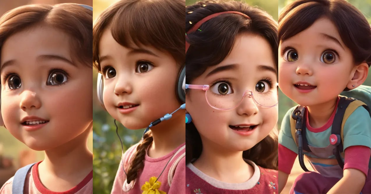 Lexica - An animated little girl with a hearing aid in her ear.