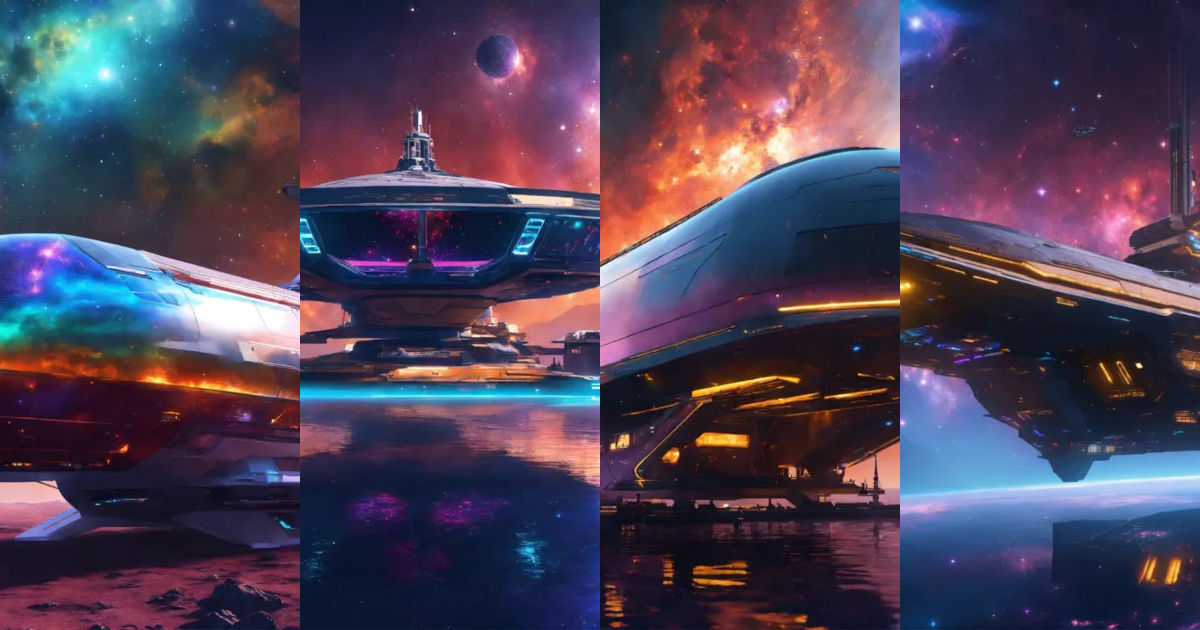 Lexica - Futuristic space yacht docked at the outdoor star docks near a ...
