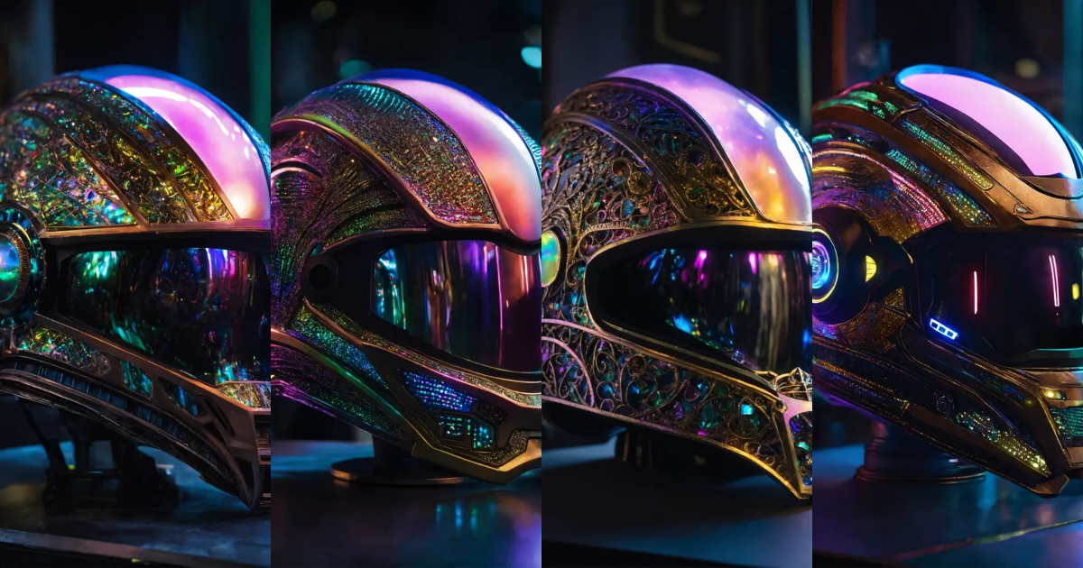 Lexica - Alien helmet with iridescent reflection. Dark background