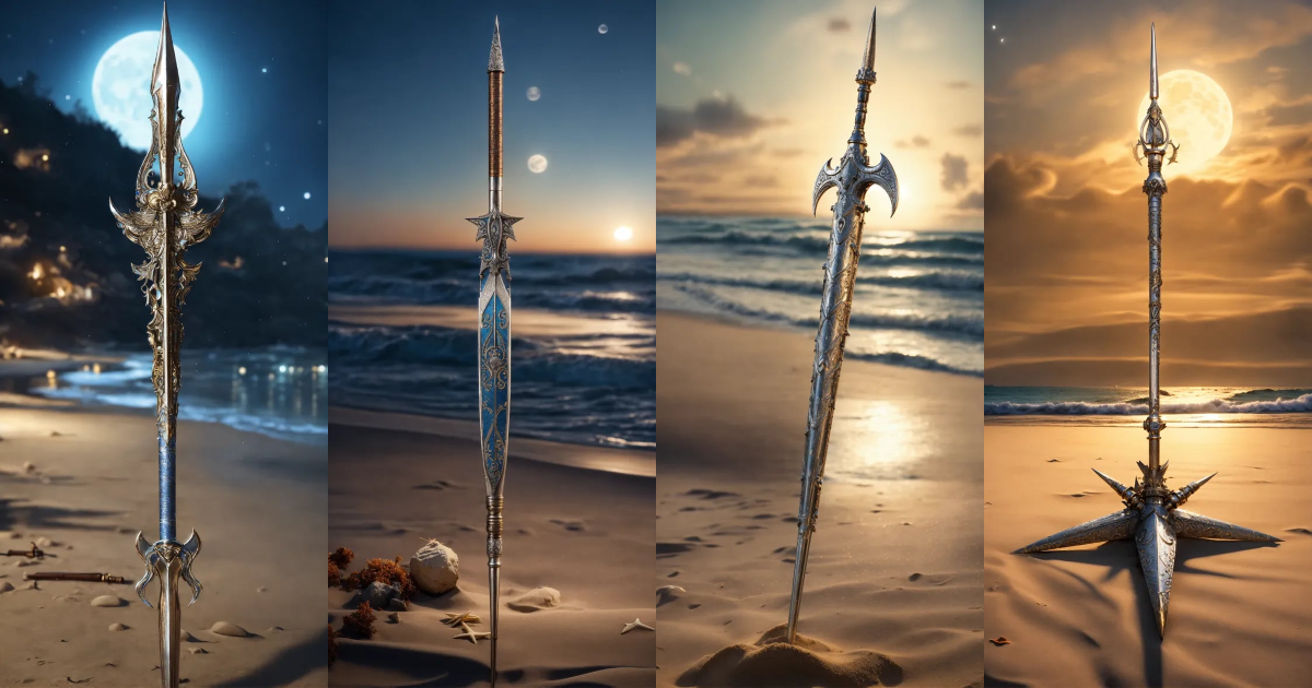 Lexica - 8k, picture of a very long gezackte harpoon with barbs made of ...