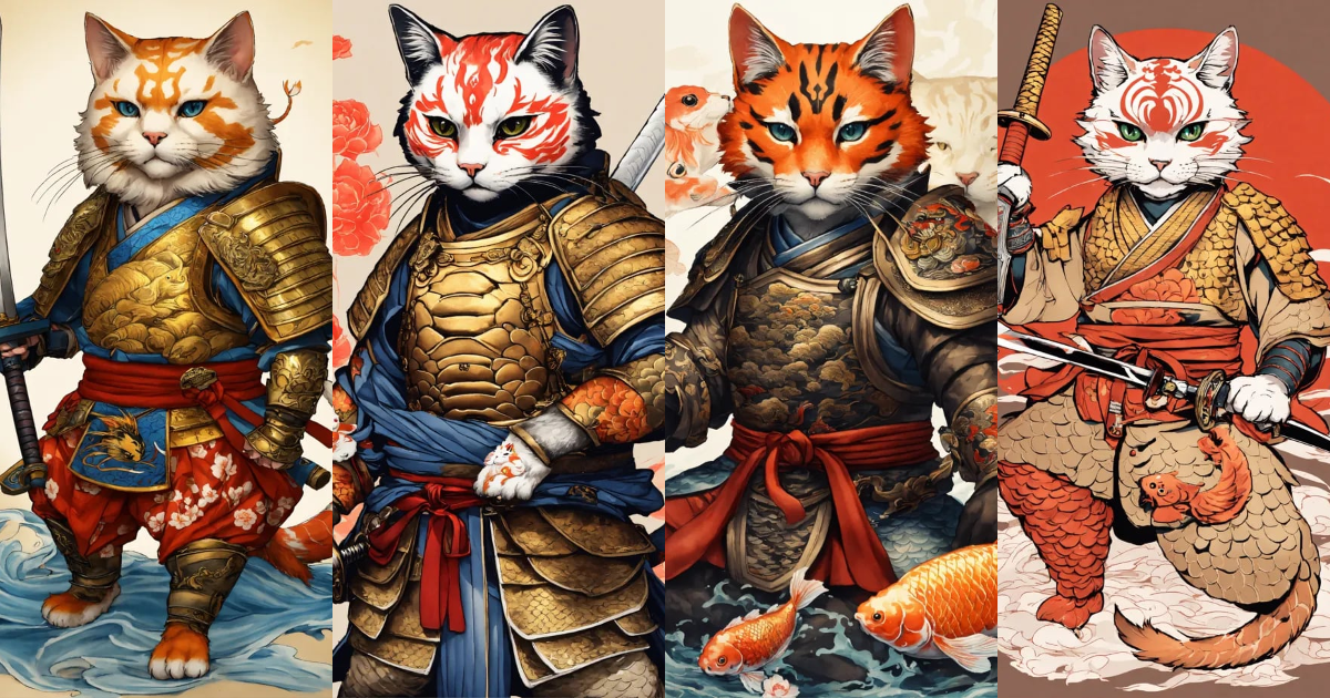 Lexica - There is a cat with a big carp koi and a sword on a white ...