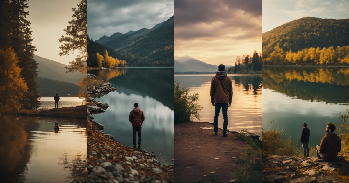 Lexica - Cinematic photo of man alone at a lake overlooking the water ...