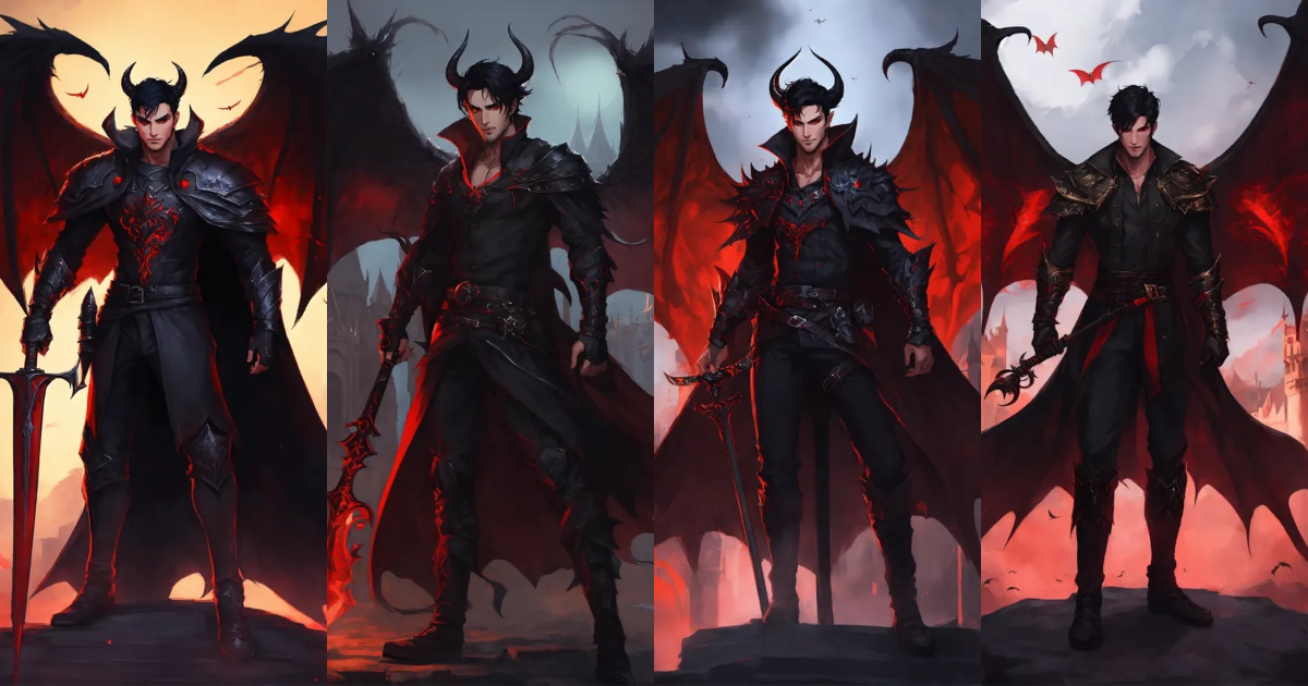 Lexica - A handsome half demon man with huge bat wings, red eyes and ...