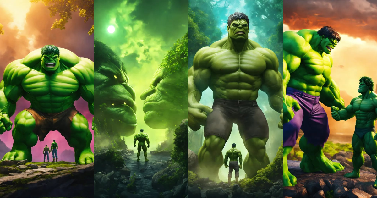 Lexica - Hulk meets Hulk in the multiverse, nature background, 2D render